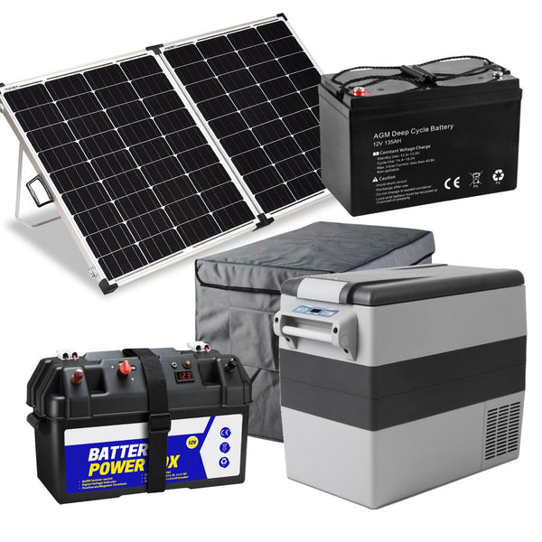300W Folding Solar Panel Kit + 135AH Deep Cycle Battery + 55 Litre Fri ...